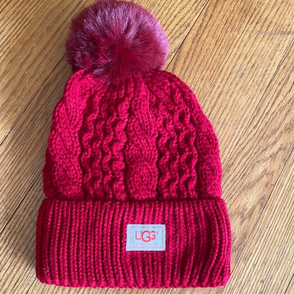 UGG | Accessories | Red Cable Stitch Pom Pom Hat | Poshmark